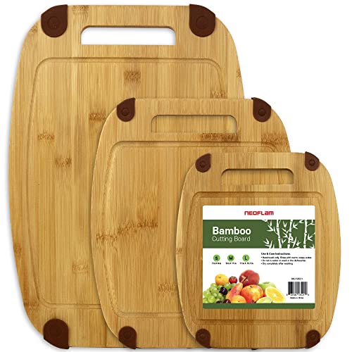 Neoflam Bamboo Cutting Boards 3 Piece Set for Kitchen, Non-Slip, Durable Wooden chopping board with Silicon Feet, Handle, and Juice Groove - Wooden Bamboo Cutting Board, Brown (53521)