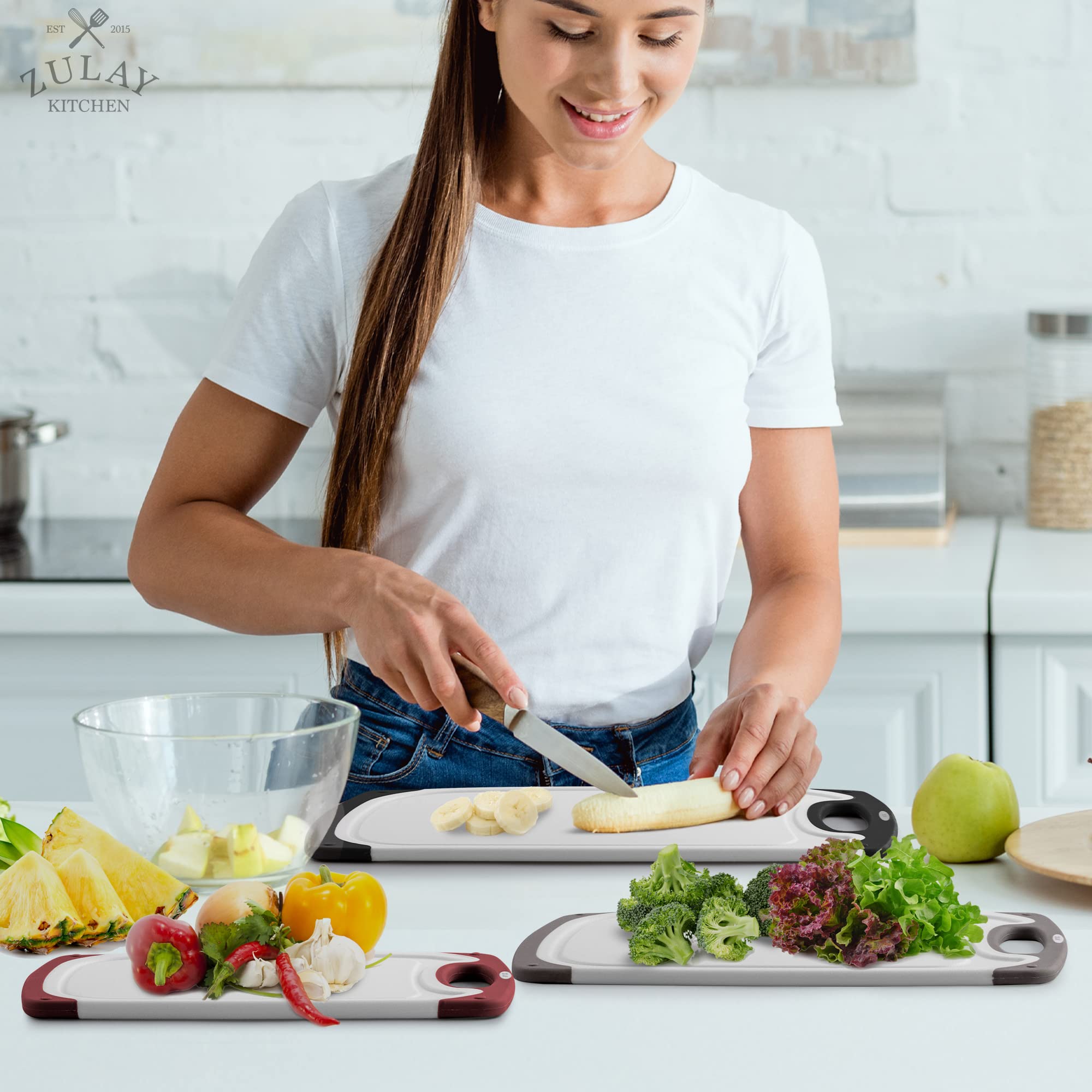 Zulay Kitchen (3-Piece Set) Cutting Boards For Kitchen Dishwasher Safe - Plastic Cutting Board Set - Non Slip Kitchen Cutting Board With Juice Groove - Multiple Sizes (Black, Gray, Red)