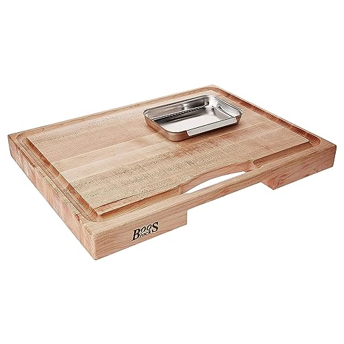 John Boos Newton Prep Master Large Maple Wood Cutting Board for Kitchen, 24 Inches x 18 Inches, 2.25 Inches Thick Reversible Edge Grain with Juice Groove & Stainless Pan