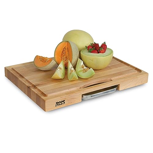 John Boos Newton Prep Master Large Maple Wood Cutting Board for Kitchen, 24 Inches x 18 Inches, 2.25 Inches Thick Reversible Edge Grain with Juice Groove & Stainless Pan