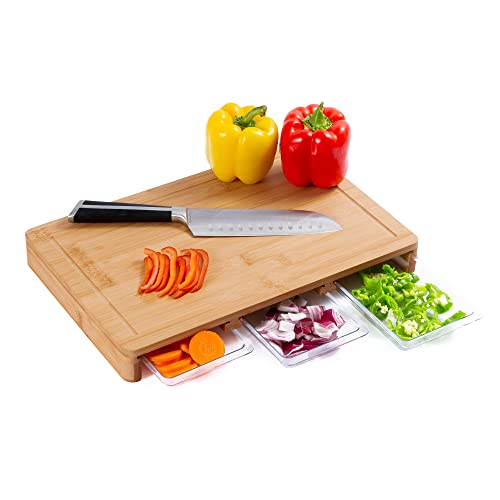 Bellsal Bamboo Cutting Board with Containers Prep Deck Tidy Board Meal Prep System Chopping Board with Trays Cutting Board with Storage for Kitchen