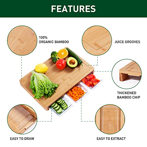 Bellsal Bamboo Cutting Board with Containers Prep Deck Tidy Board Meal Prep System Chopping Board with Trays Cutting Board with Storage for Kitchen