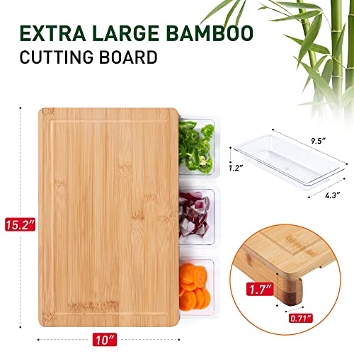 Bellsal Bamboo Cutting Board with Containers Prep Deck Tidy Board Meal Prep System Chopping Board with Trays Cutting Board with Storage for Kitchen