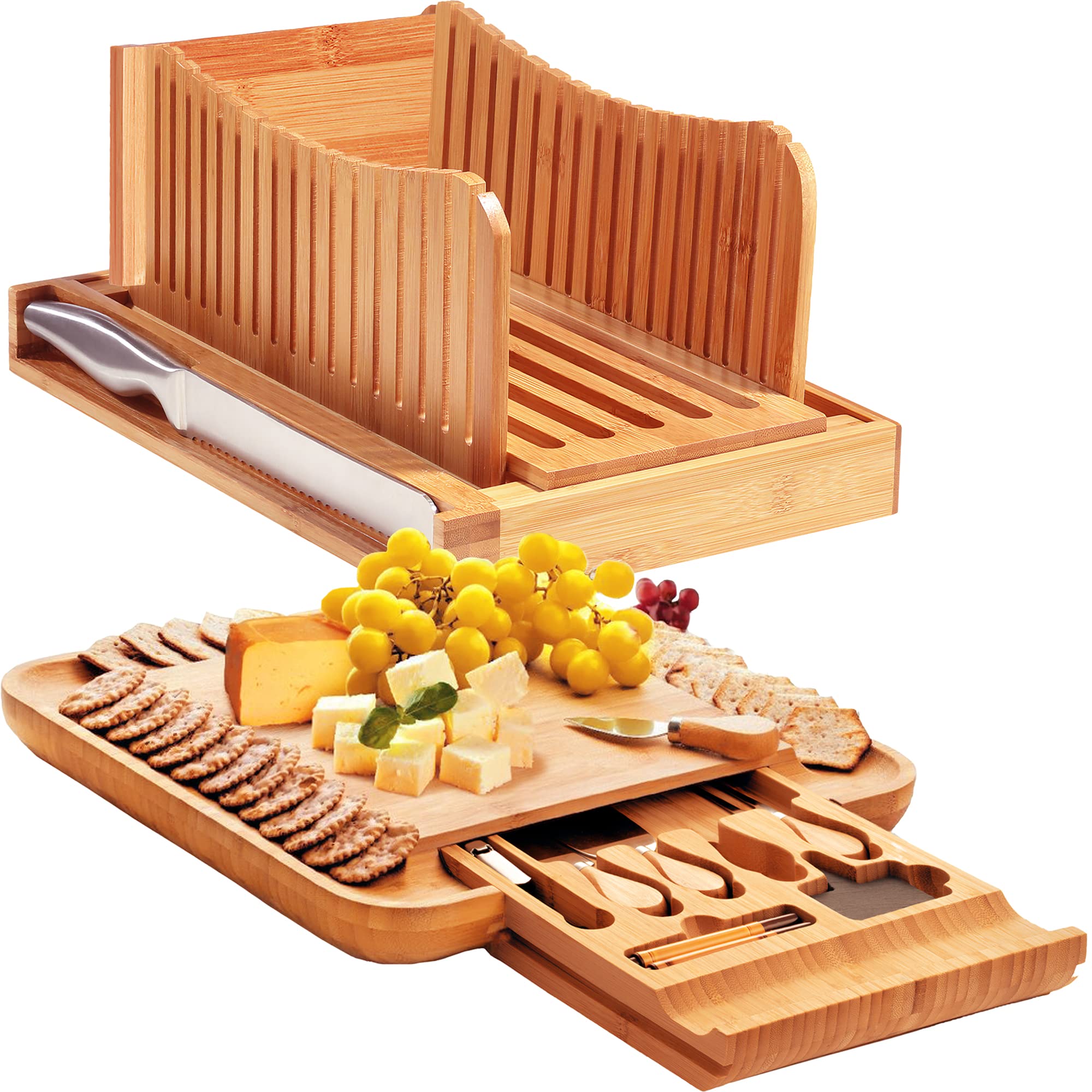 Bamboo Cheese Board and Luxury Bamboo Bread Slicer with Knife