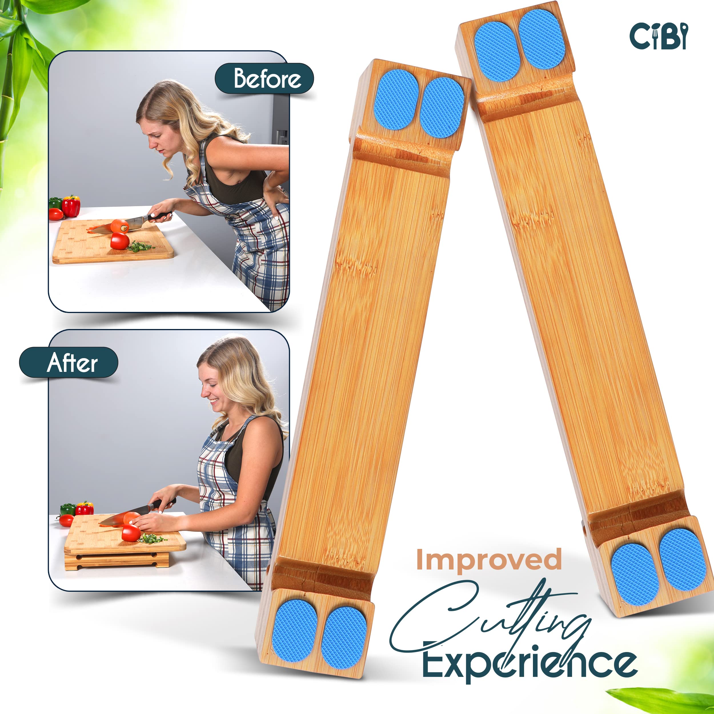 Cibi Kitchens Bamboo Cutting Board Legs - 2Pcs Wood Cutting Board Feet with Silicone Non Slip Pads, 4.5cm x 5cm x 50cm Wood Riser Elevates the Cutting Board