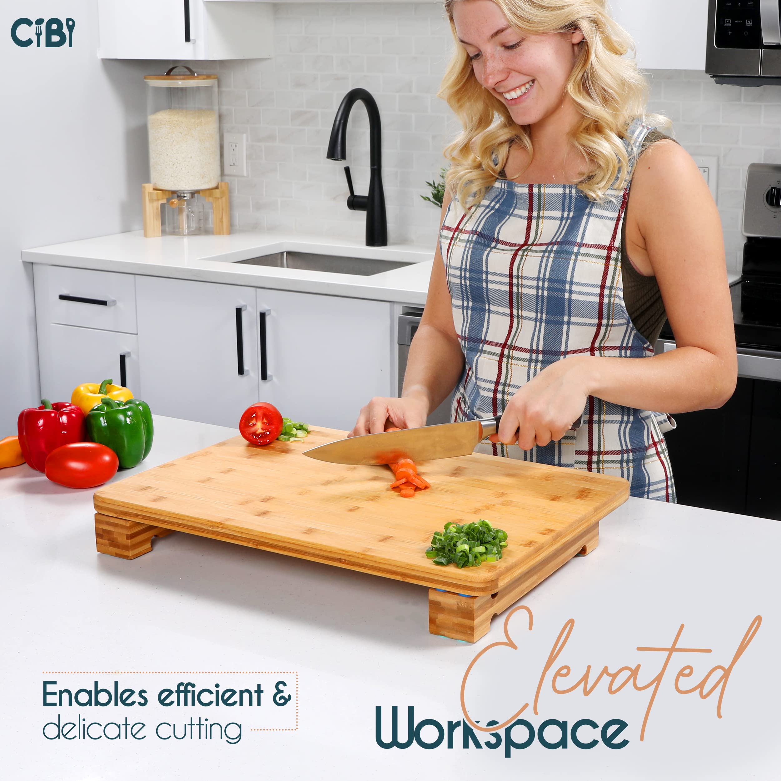 Cibi Kitchens Bamboo Cutting Board Legs - 2Pcs Wood Cutting Board Feet with Silicone Non Slip Pads, 4.5cm x 5cm x 50cm Wood Riser Elevates the Cutting Board