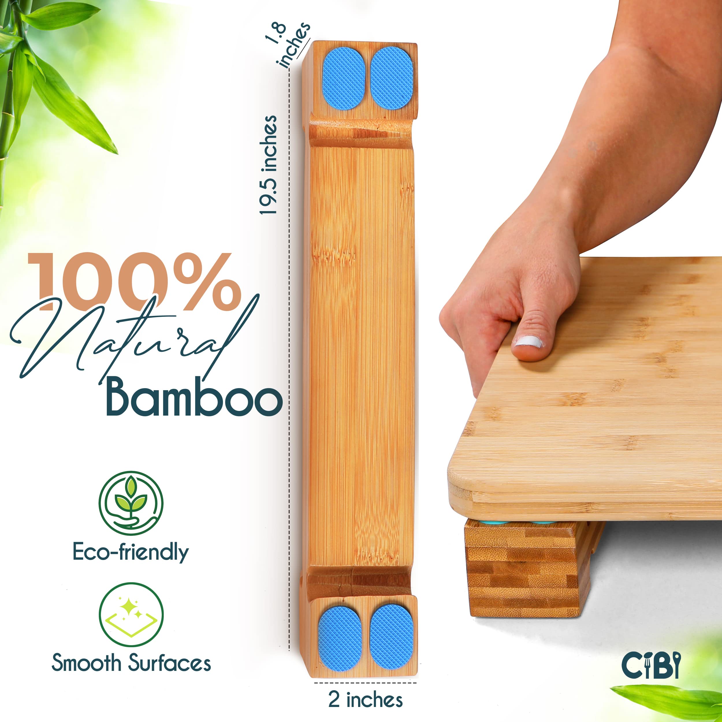 Cibi Kitchens Bamboo Cutting Board Legs - 2Pcs Wood Cutting Board Feet with Silicone Non Slip Pads, 4.5cm x 5cm x 50cm Wood Riser Elevates the Cutting Board