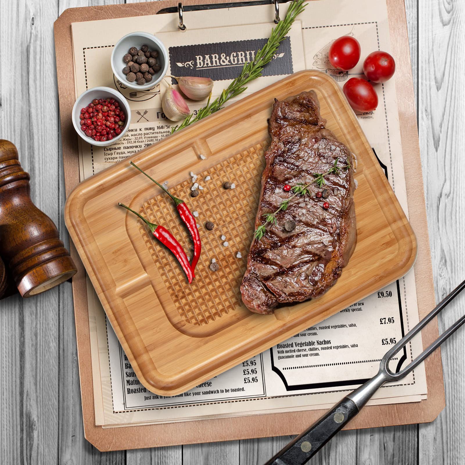 Wood Turkey Carving Cutting Board, Bamboo Heavy Duty Meat Cutting Board for Kitchen, Large Chopping Board, Butcher Block Serving Tray With Juice Groove and Pyramid Spikes Stabilizes Meat While Carving