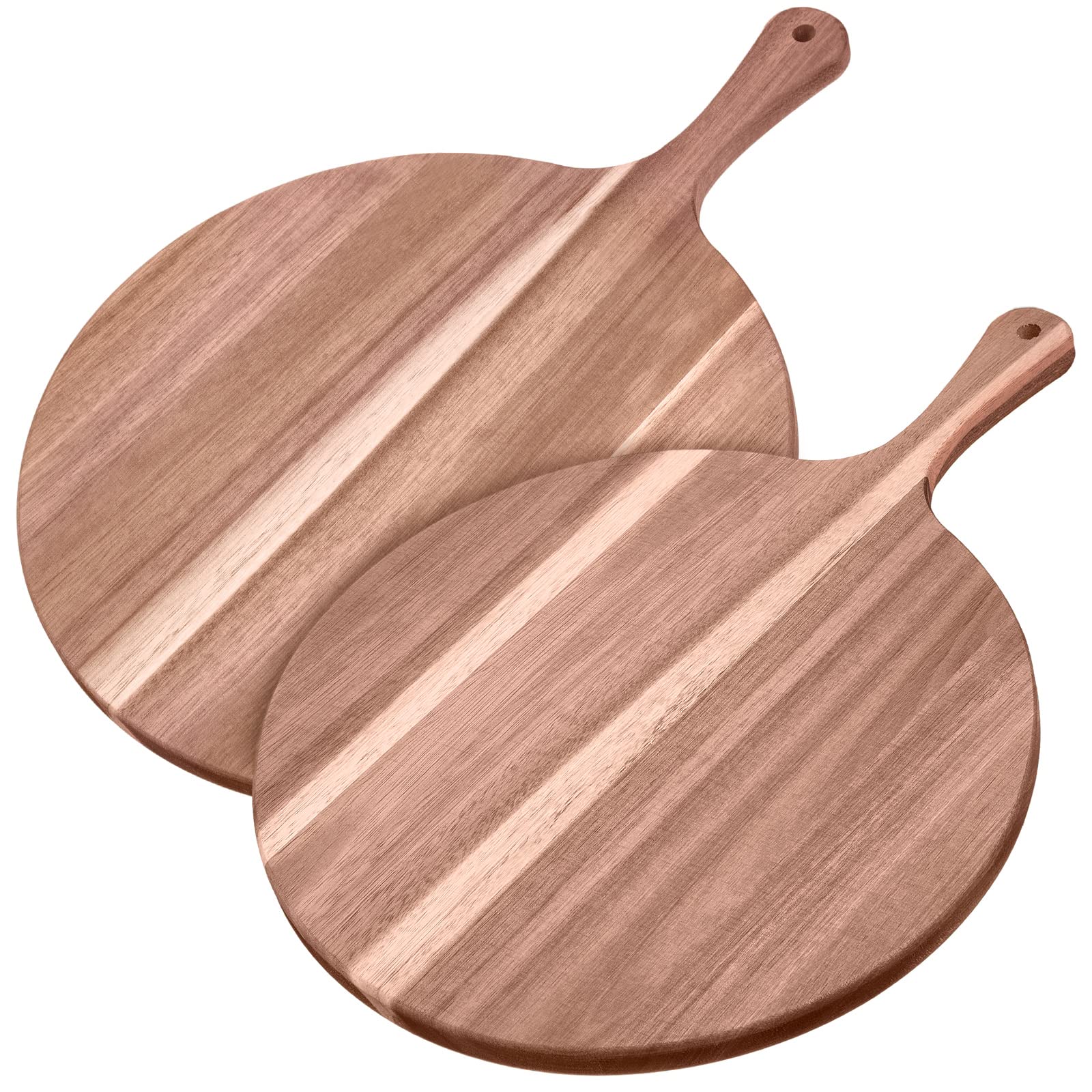 2 Pieces Acacia Wood Round Charcuterie Board 12'' Cutting Board Wooden Pizza Peel Cheese Paddle with Handle for Home Baking, Cheese, Fruits, Vegetables, Bread, Charcuterie Serving,16 x 12 x 0.6 Inch