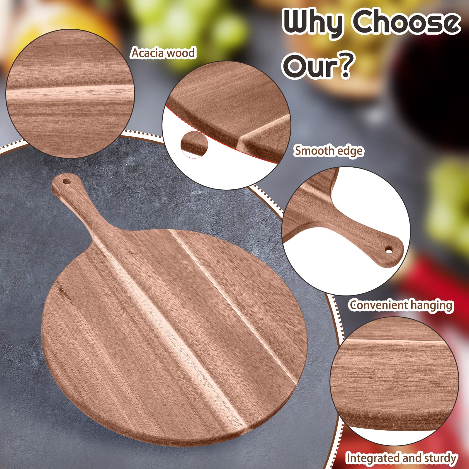 2 Pieces Acacia Wood Round Charcuterie Board 12'' Cutting Board Wooden Pizza Peel Cheese Paddle with Handle for Home Baking, Cheese, Fruits, Vegetables, Bread, Charcuterie Serving,16 x 12 x 0.6 Inch