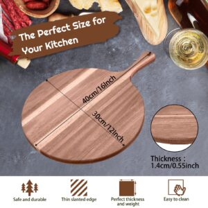 2 Pieces Acacia Wood Round Charcuterie Board 12'' Cutting Board Wooden Pizza Peel Cheese Paddle with Handle for Home Baking, Cheese, Fruits, Vegetables, Bread, Charcuterie Serving,16 x 12 x 0.6 Inch