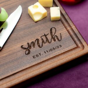 straga personalized cutting boards | handmade wood engraved charcuterie | custom wedding, anniversary, birthday gift for couples (script corner design no.920).