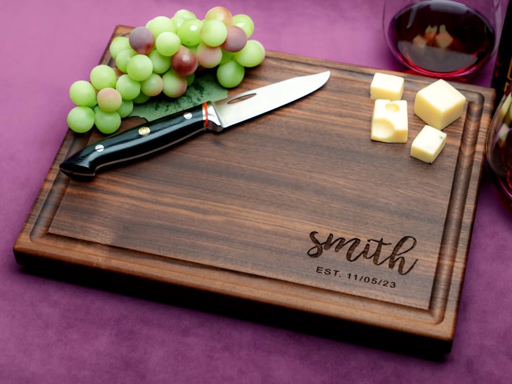 Straga Personalized Cutting Boards | Handmade Wood Engraved Charcuterie | Custom Wedding, Anniversary, Birthday Gift for Couples (Script Corner Design No.920).