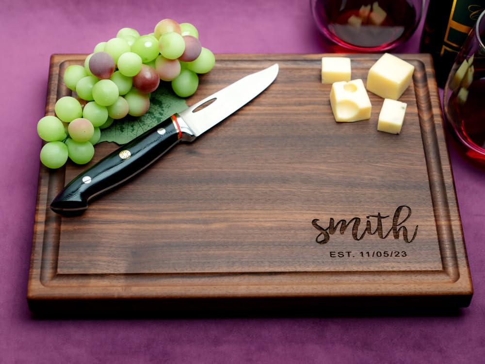 Straga Personalized Cutting Boards | Handmade Wood Engraved Charcuterie | Custom Wedding, Anniversary, Birthday Gift for Couples (Script Corner Design No.920).