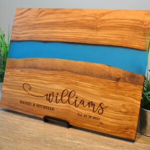 Personalized Cutting Board Wedding Gift Olivewood Blue River Epoxy Live Edge Display Custom Engraved Charcuterie Unique Beautiful Anniversary Newlywed Couple Parents Housewarming (Wedding Anniversary)