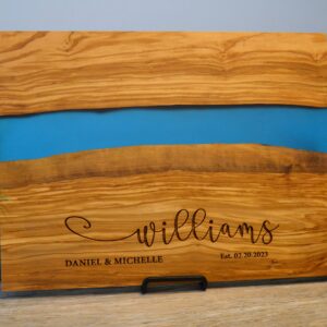 Personalized Cutting Board Wedding Gift Olivewood Blue River Epoxy Live Edge Display Custom Engraved Charcuterie Unique Beautiful Anniversary Newlywed Couple Parents Housewarming (Wedding Anniversary)