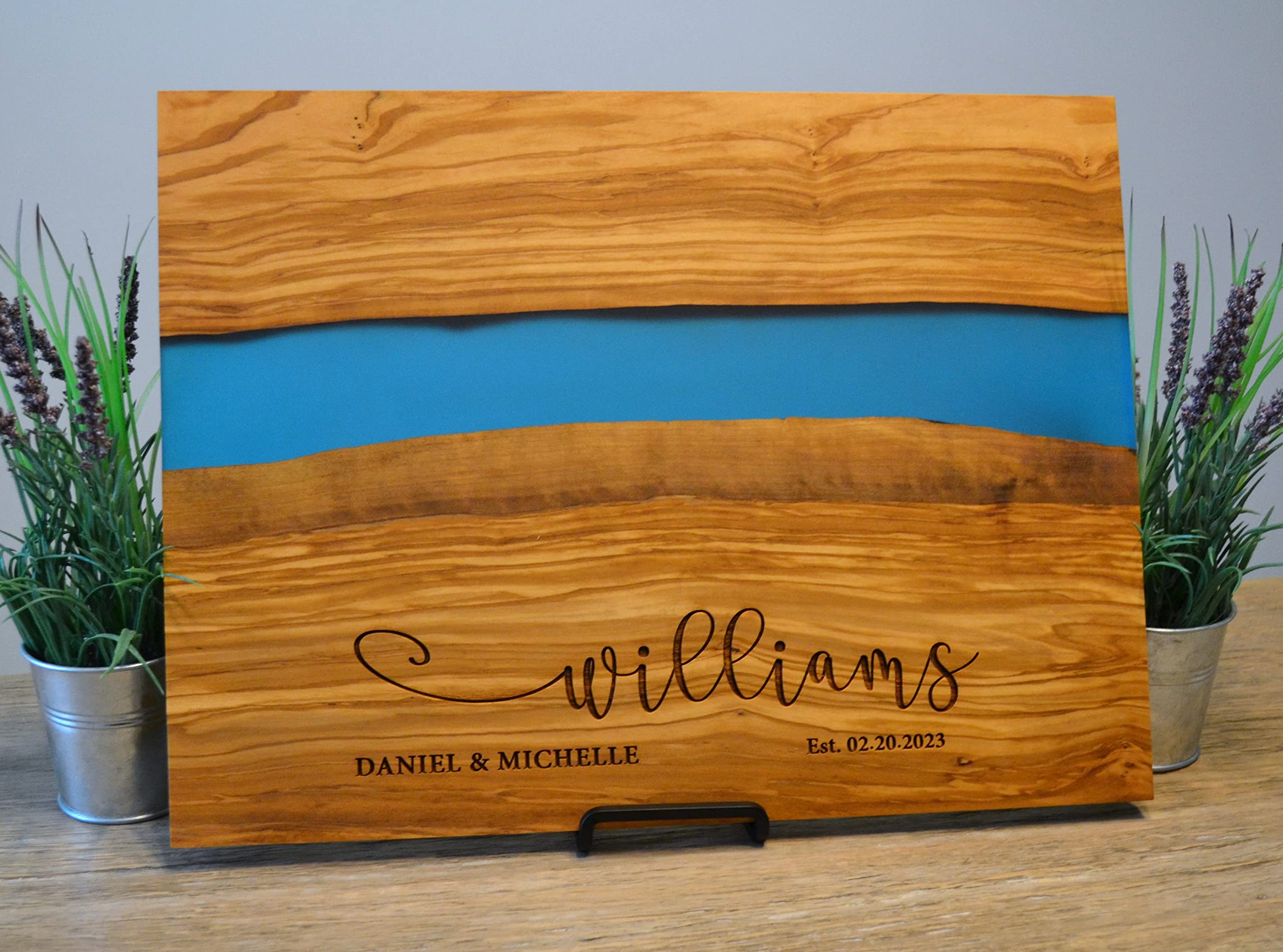 Personalized Cutting Board Wedding Gift Olivewood Blue River Epoxy Live Edge Display Custom Engraved Charcuterie Unique Beautiful Anniversary Newlywed Couple Parents Housewarming (Wedding Anniversary)