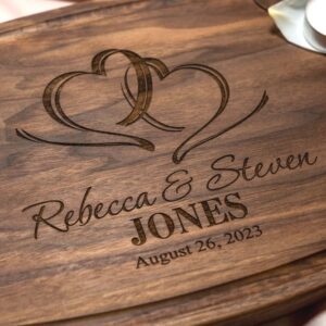 Personalized Cutting Board, Custom Wedding, Anniversary or Housewarming Gift Idea, Wood Engraved Charcuterie, for Newlyweds and Couples, Two Hearts Design 027