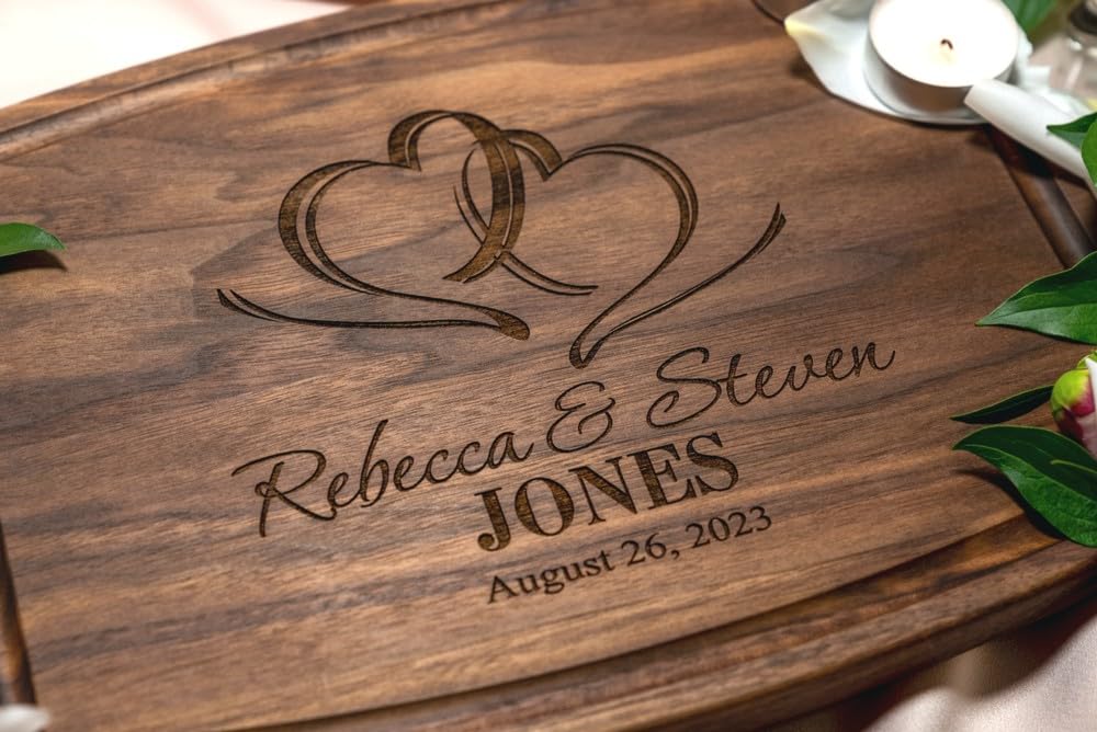 Personalized Cutting Board, Custom Wedding, Anniversary or Housewarming Gift Idea, Wood Engraved Charcuterie, for Newlyweds and Couples, Two Hearts Design 027