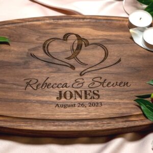 Personalized Cutting Board, Custom Wedding, Anniversary or Housewarming Gift Idea, Wood Engraved Charcuterie, for Newlyweds and Couples, Two Hearts Design 027