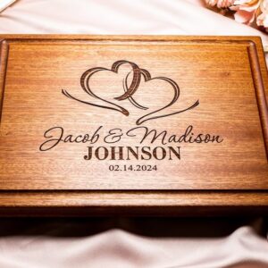 Personalized Cutting Board, Custom Wedding, Anniversary or Housewarming Gift Idea, Wood Engraved Charcuterie, for Newlyweds and Couples, Two Hearts Design 027