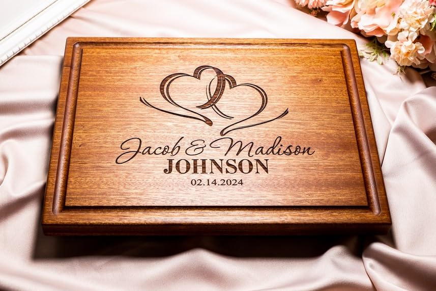 Personalized Cutting Board, Custom Wedding, Anniversary or Housewarming Gift Idea, Wood Engraved Charcuterie, for Newlyweds and Couples, Two Hearts Design 027