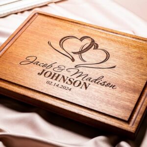 Personalized Cutting Board, Custom Wedding, Anniversary or Housewarming Gift Idea, Wood Engraved Charcuterie, for Newlyweds and Couples, Two Hearts Design 027