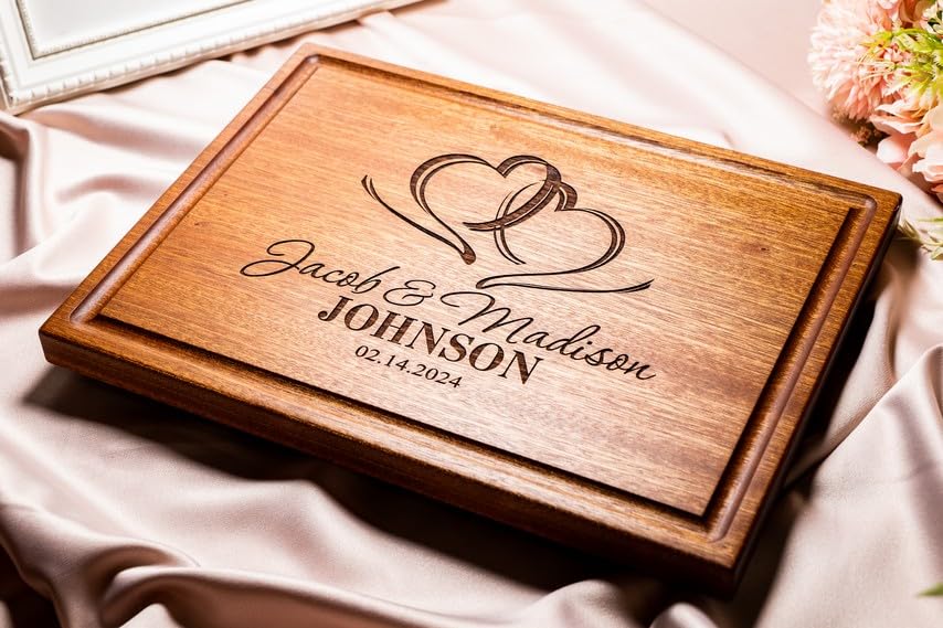 Personalized Cutting Board, Custom Wedding, Anniversary or Housewarming Gift Idea, Wood Engraved Charcuterie, for Newlyweds and Couples, Two Hearts Design 027