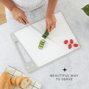 JoyJolt Plastic Cutting Board Set. White and Grey Cutting Boards for Kitchen Dishwasher Safe with Handle. Non Slip Large and Small Chopping Board Set; Meat Cutting Board with Juice Groove.