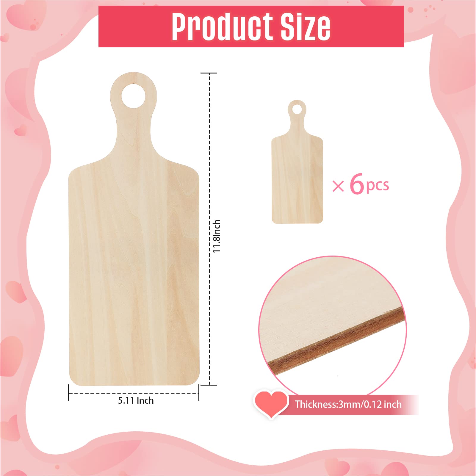 6 Pieces Mini Wooden Cutting Boards with Handle Wooden Paddle Chopping Board Unfinished Wood Boards for Home Kitchen Cooking Decor DIY Craft (Rectangle,11.8 x 5.1 Inch)