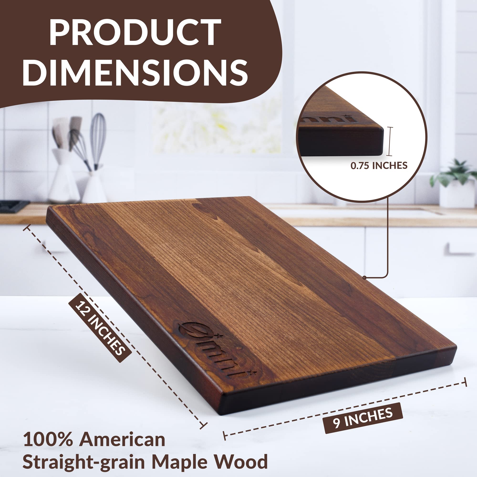 OMNI Cherry Maple Cutting Board | Strong & Durable Wood Cutting Board for Kitchen | Chopping Board Suitable for Meat, Vegetables, Cheese and More | Made In the USA, Butcher Block- 9 X 12 X .75 Inches