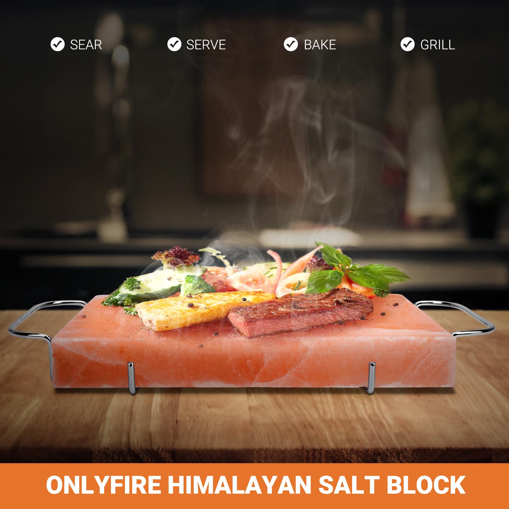 Onlyfire Himalayan Salt Block Cooking Plate with Steel Tray Set 12” x 8” x 1.5” for Cooking, Grilling, Cutting and Serving