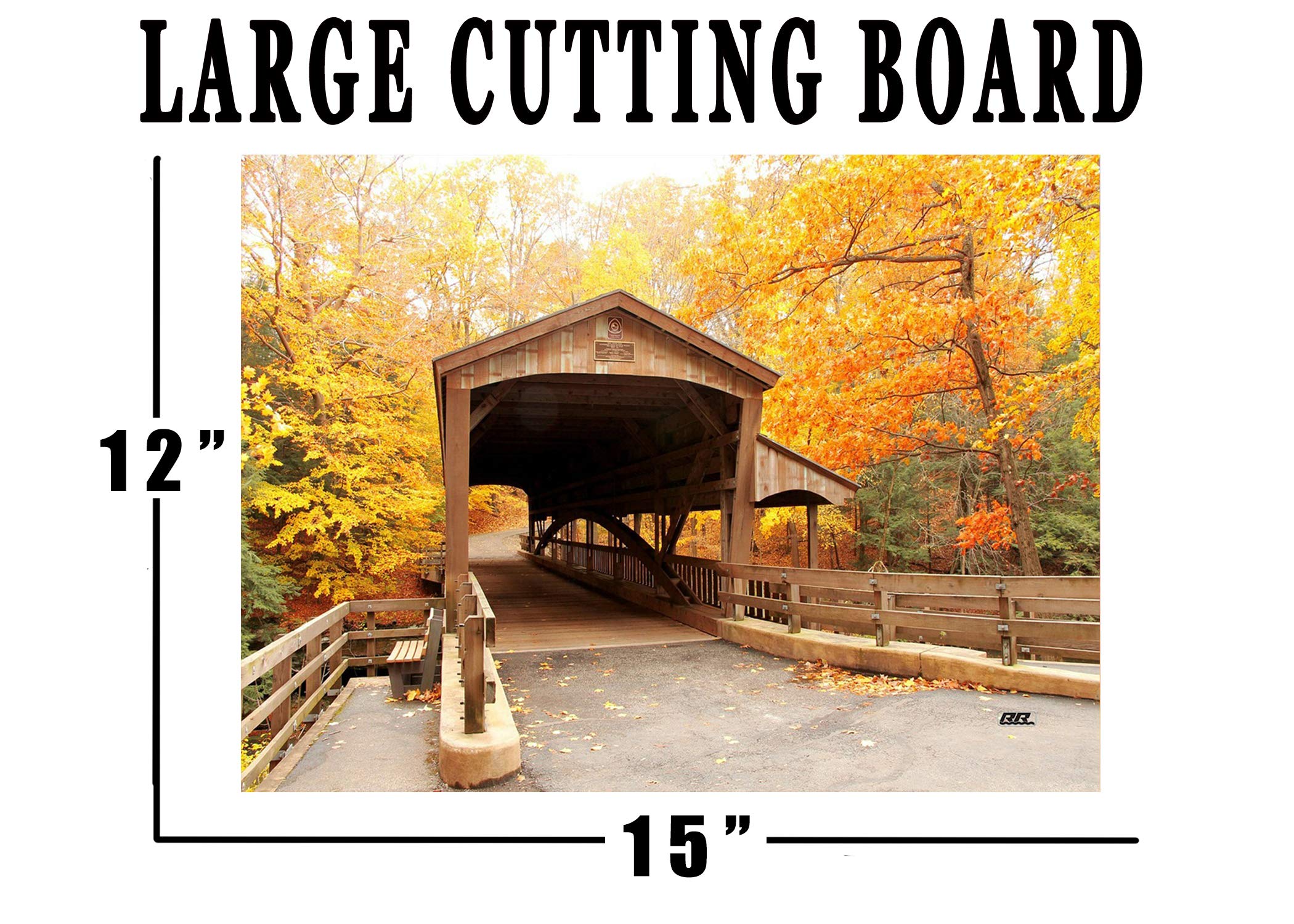 Fall Autumn Leave Covered Bridge Kitchen Glass Cutting Board Country Decorative Gift Design