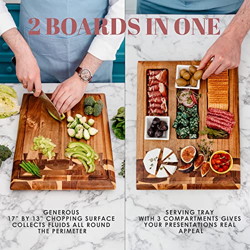 Collage Acacia Wood Cutting Board for Kitchen and Home - Large Butcher Block Chopping Board, Sustainable Wood, Juice Groove - Doubles as 3 Compartment Serving Board - 17 x 13 x 1.5"