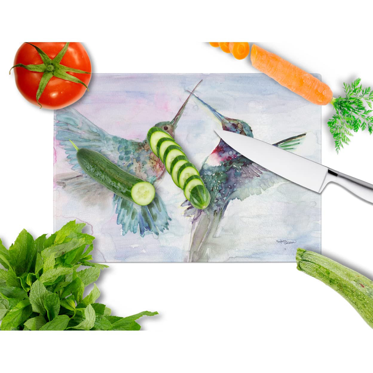 Caroline's Treasures 8968LCB Hummingbird Combat Glass Cutting Board Large Decorative Tempered Glass Kitchen Cutting and Serving Board Large Size Chopping Board