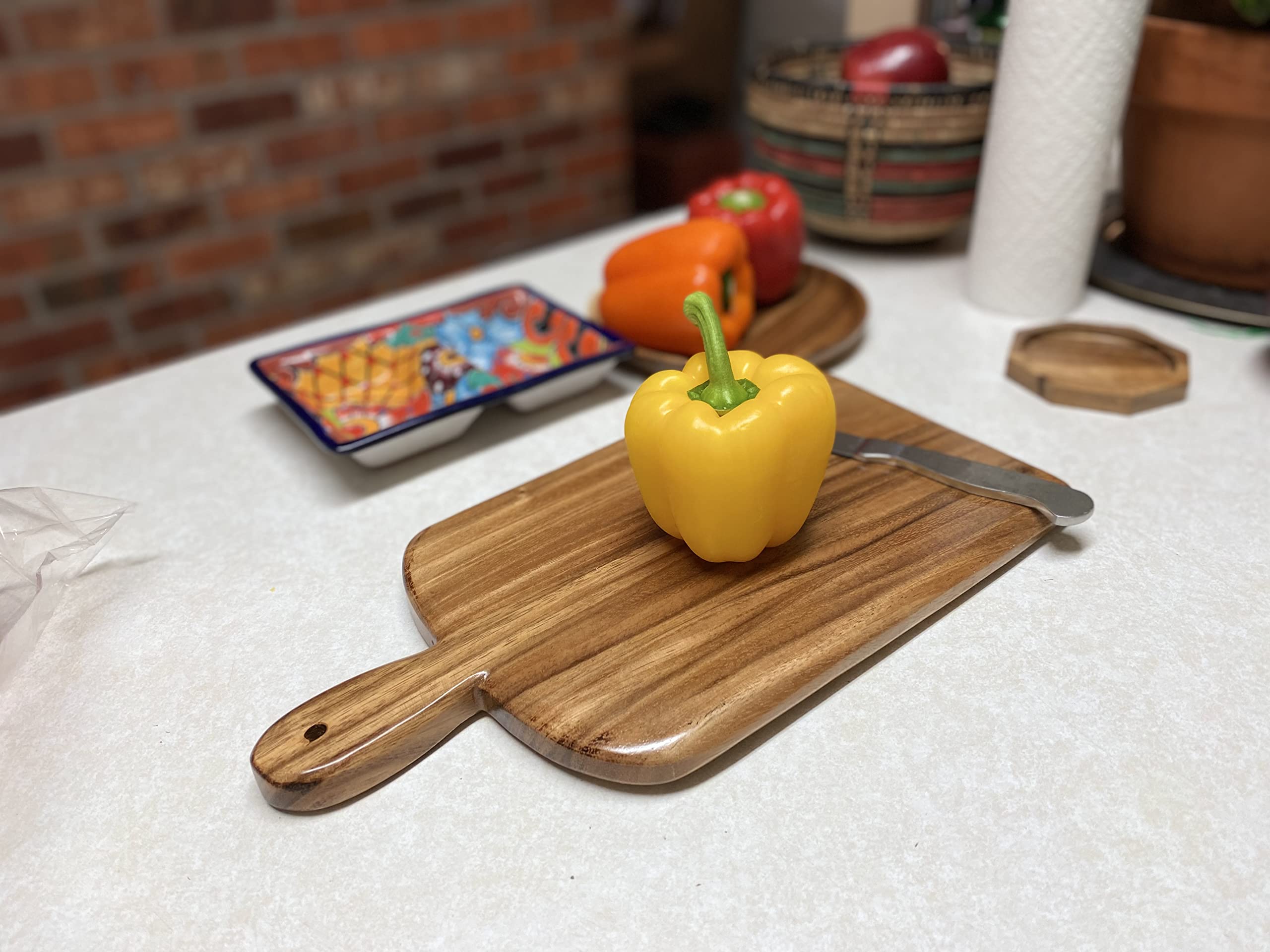 Wrightmart Wood Cutting Board for Kitchen, Server for Charcuterie, Bread, Cake, Fruit, Cheese, Vegetables and Appetizers, Acacia Hardwood, Reversible Paddle Design with Handle