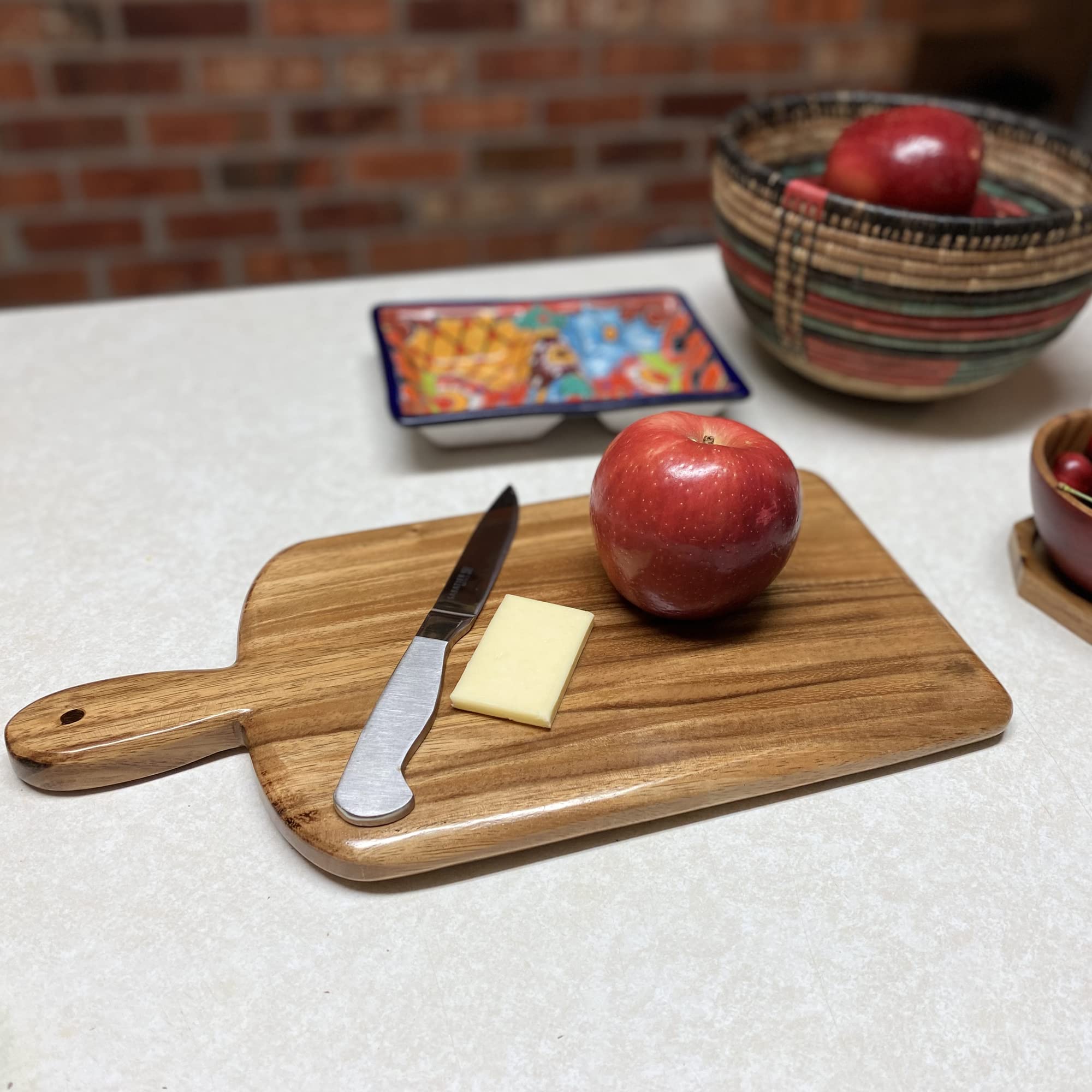 Wrightmart Wood Cutting Board for Kitchen, Server for Charcuterie, Bread, Cake, Fruit, Cheese, Vegetables and Appetizers, Acacia Hardwood, Reversible Paddle Design with Handle