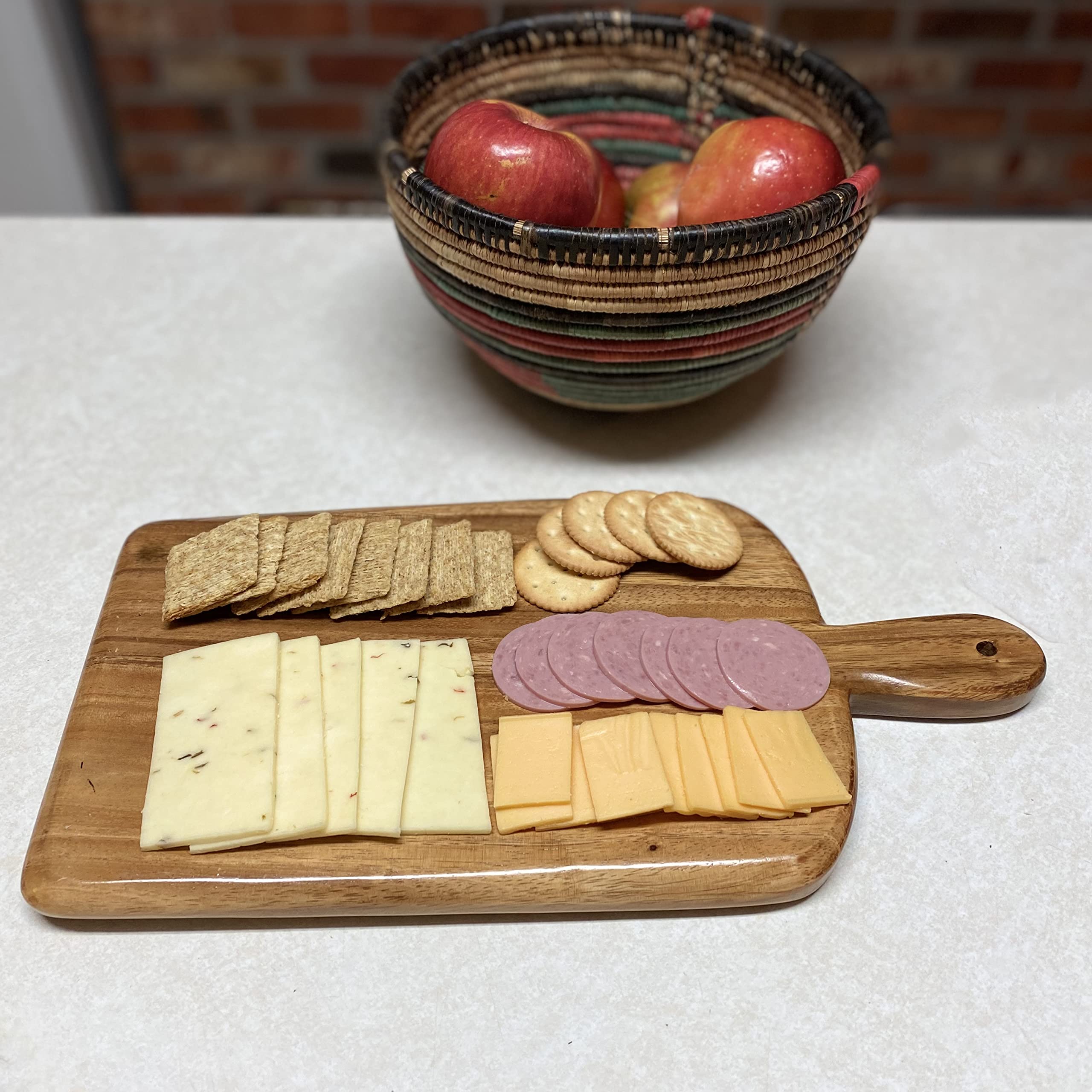 Wrightmart Wood Cutting Board for Kitchen, Server for Charcuterie, Bread, Cake, Fruit, Cheese, Vegetables and Appetizers, Acacia Hardwood, Reversible Paddle Design with Handle