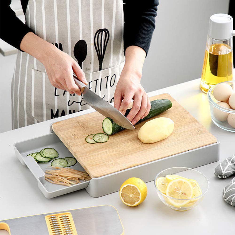 Cutting Board with Base Tray,Kitchen Bamboo Cutting Board,Cutting Board Platter Great Gift For Mother’s Day,Multi-Function Pull-Out Cutting Board,Anti-Skid And Hangable