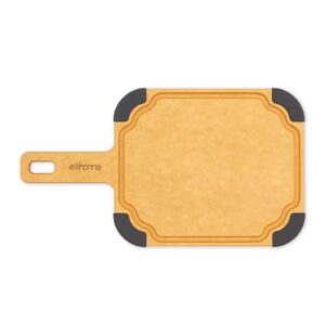 elihome paddle series kitchen cutitng board& serving board with handle,juice groove,non-slip feet,dishwasher safe,reversible,wood fiber composite,eco-friendly,non-porous,small- 13.5" x 7.5" natural