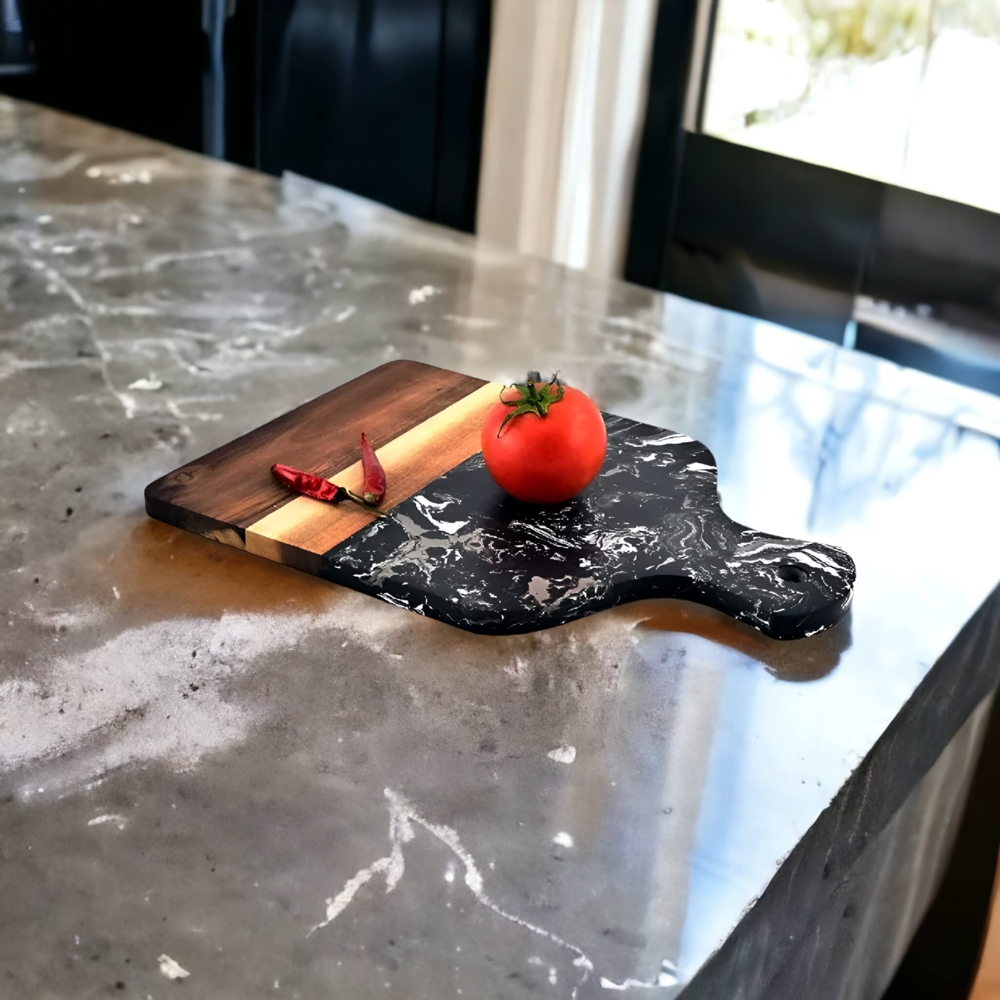 Yaakov Yvonne - Marble cutting boards for meat,fruits and decoration - Marble and Wood Cheese Board - Cutting boards - Black marble and wood cutting board - Marble and wood cutting board. (Black)