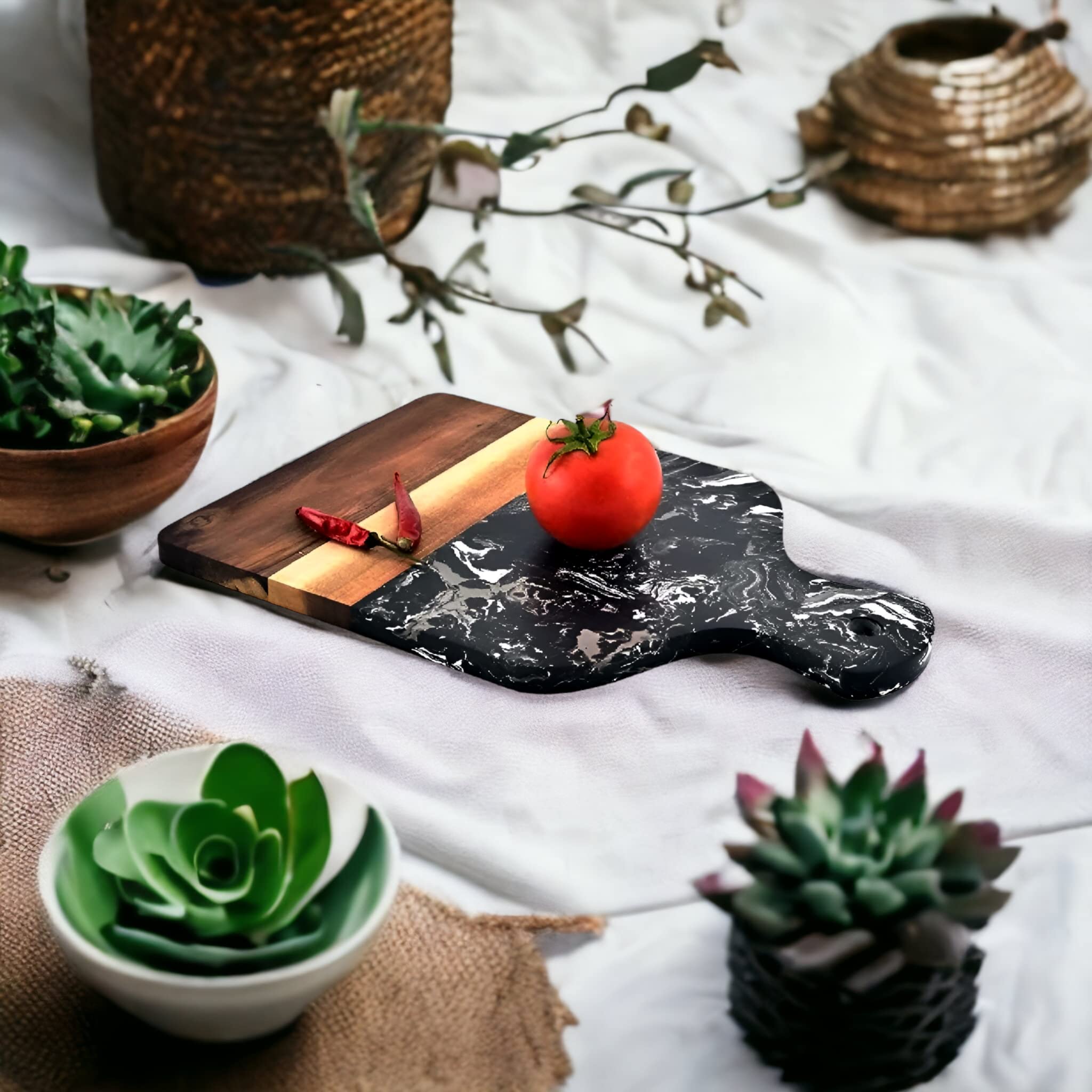 Yaakov Yvonne - Marble cutting boards for meat,fruits and decoration - Marble and Wood Cheese Board - Cutting boards - Black marble and wood cutting board - Marble and wood cutting board. (Black)