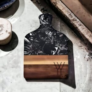 Yaakov Yvonne - Marble cutting boards for meat,fruits and decoration - Marble and Wood Cheese Board - Cutting boards - Black marble and wood cutting board - Marble and wood cutting board. (Black)