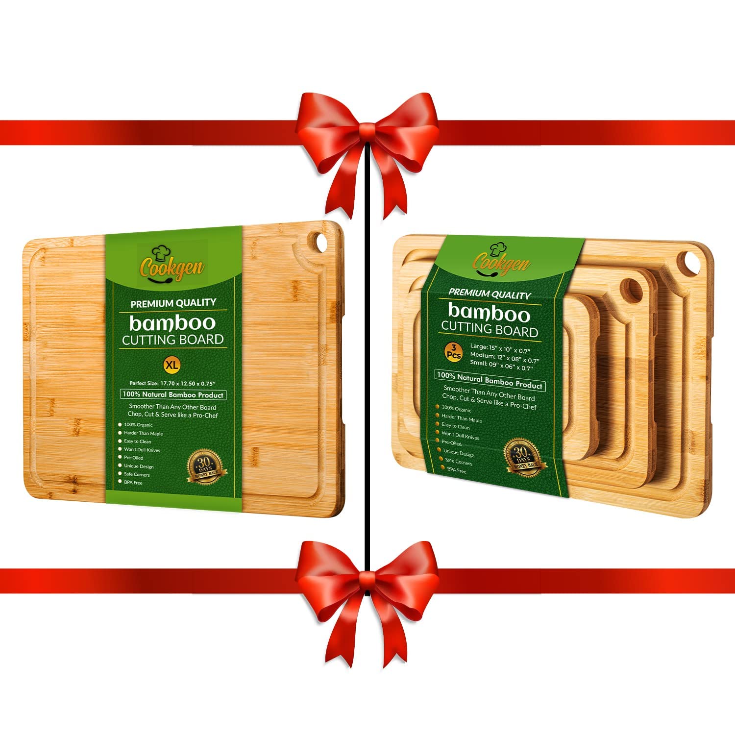 Cookgen Extra Large Bamboo Cutting Board "18 x 12.50" and Bamboo Cutting Board Set of 3 With Juice Groove