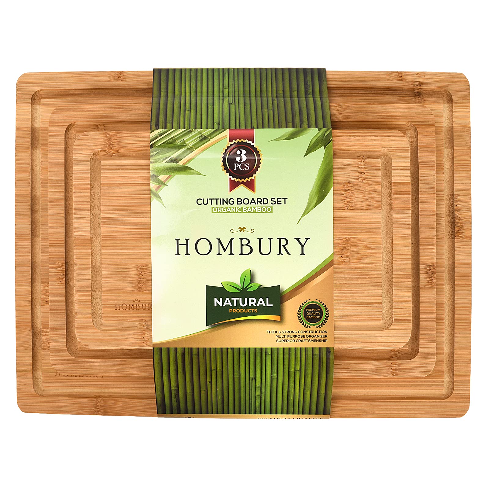 HOMBURY Bamboo Cutting Board Set - Bamboo Wood Cutting Board with Juice Groove Serving Tray for kitchen - Butcher Chopping Board for Meat - Ideal for Cheese, Fruit, Vegetables, Meat