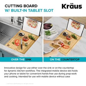 Kraus KCBT-WS103BB Solid Bamboo Cutting Board with Mobile Device Holder for Workstation Kitchen Sink (16 3/4 in. x 12