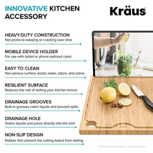 Kraus KCBT-WS103BB Solid Bamboo Cutting Board with Mobile Device Holder for Workstation Kitchen Sink (16 3/4 in. x 12