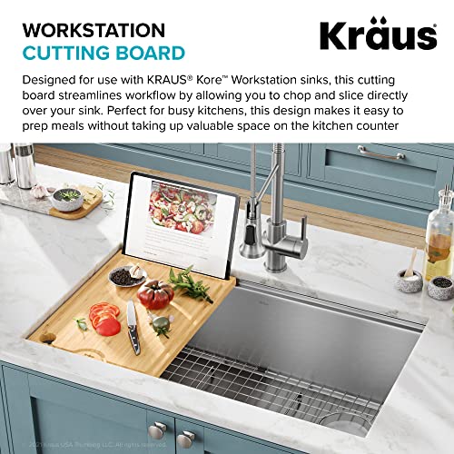 Kraus KCBT-WS103BB Solid Bamboo Cutting Board with Mobile Device Holder for Workstation Kitchen Sink (16 3/4 in. x 12