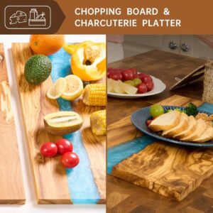 Greenmemo Italian Olive Wood luxury Cheese board with Resin, Charcuterie board, Chopping and Cutting Board for Meat Vegetable & Fruit, Wooden Epoxy Serving Board (Blue And White Gradient)