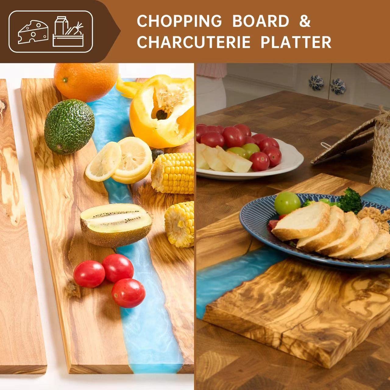 Greenmemo Italian Olive Wood luxury Cheese board with Resin, Charcuterie board, Chopping and Cutting Board for Meat Vegetable & Fruit, Wooden Epoxy Serving Board (Blue And White Gradient)